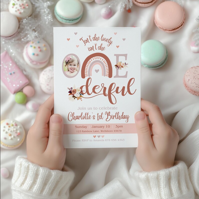 Boho Rainbow ONE Derful First Birthday Invitation. Flowers 1st Birthday ...