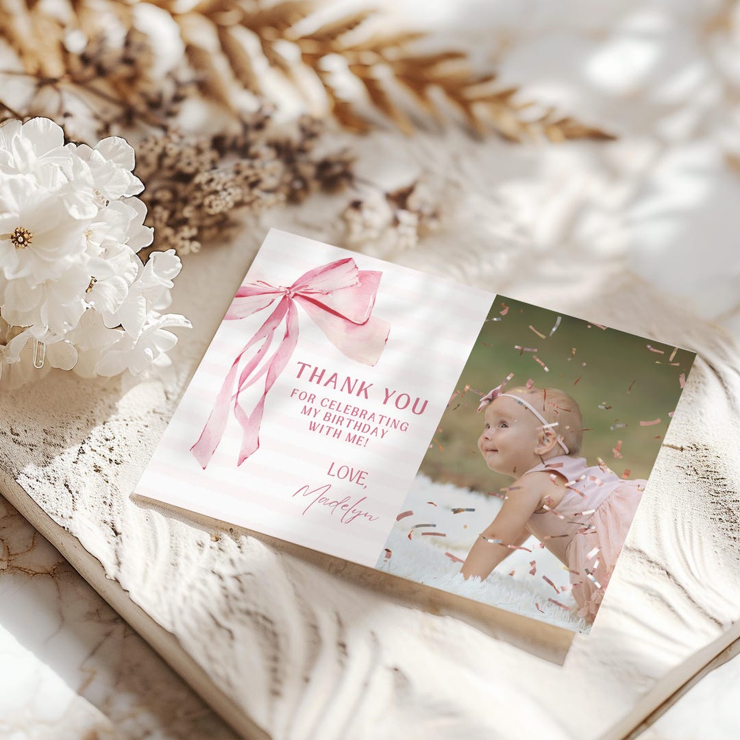 Editable Pink Bow Thank You Card With Photo, Soft Pastel Pink Bow 1st ...