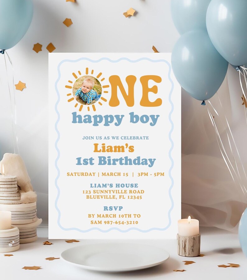 ONE Happy Boy Birthday Invitation, 1st Birthday Invitation, First ...