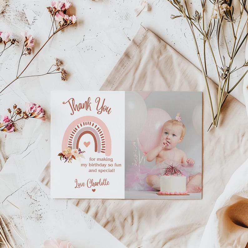 Boho Rainbow Birthday Thank You Card, Floral Birthday Party Thank You ...