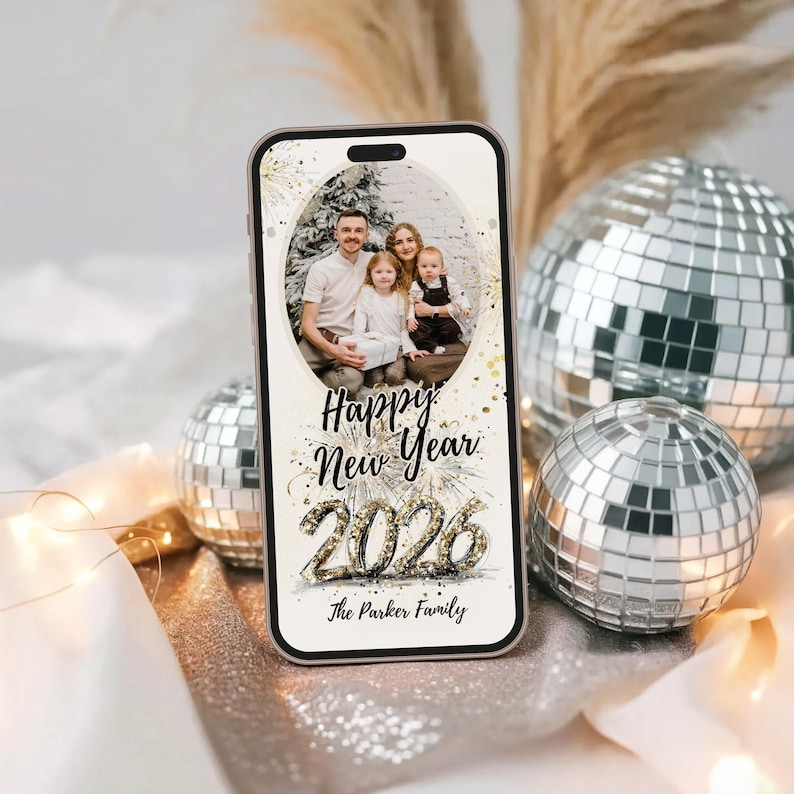 Animated Happy New Year 2026 Digital Photo Card, Electronic NYE Black ...