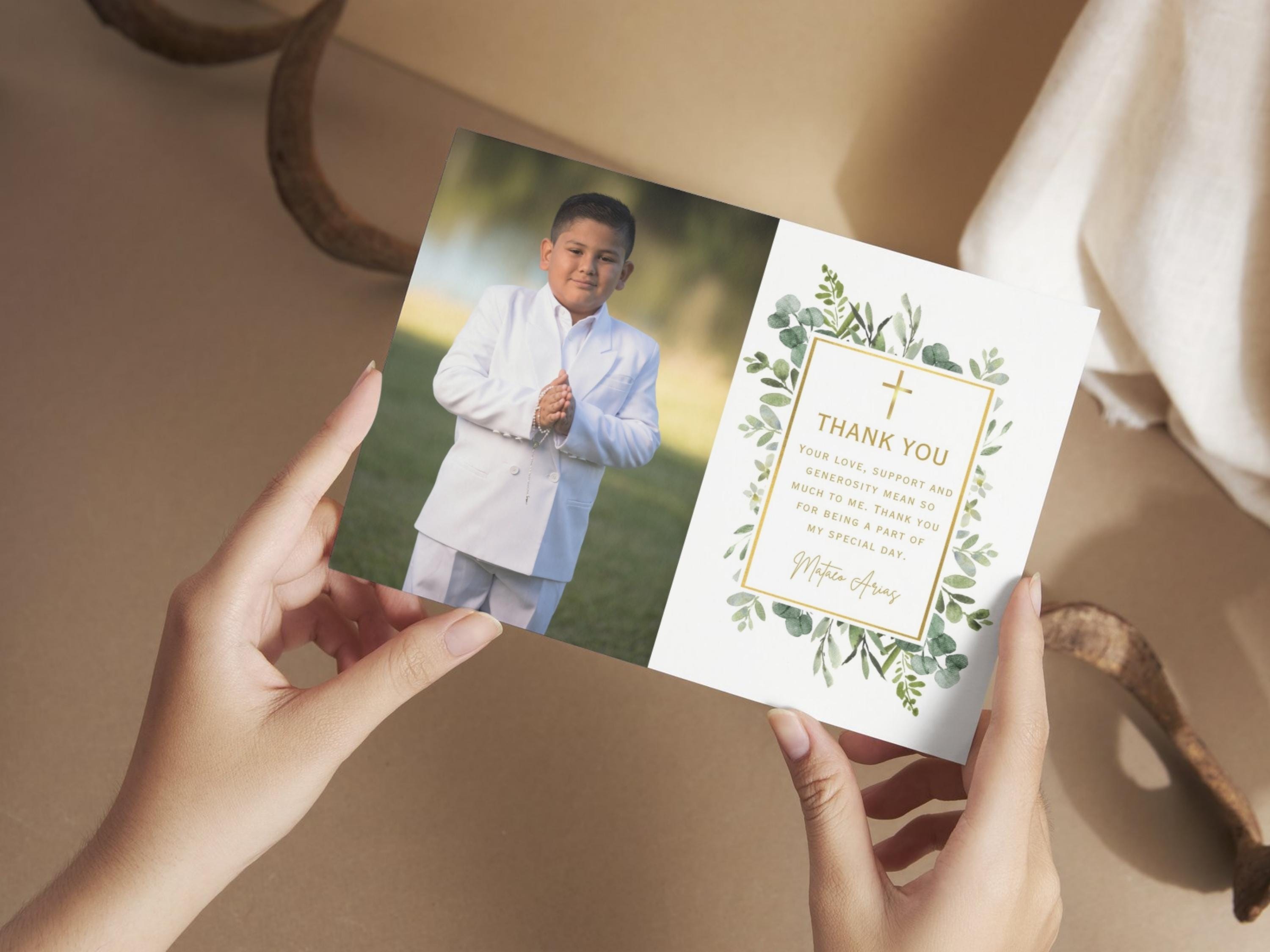 Greenery First Communion Thank You Card Template, First Holy Communion ...