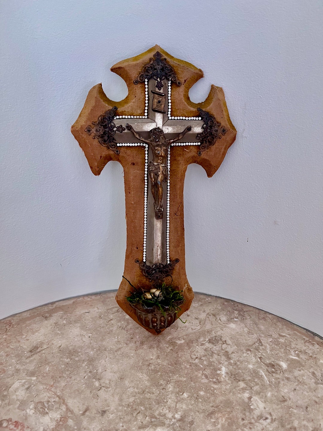 Antique French Cross With Holy Water Font, Rhinestone Embellished, Bird ...