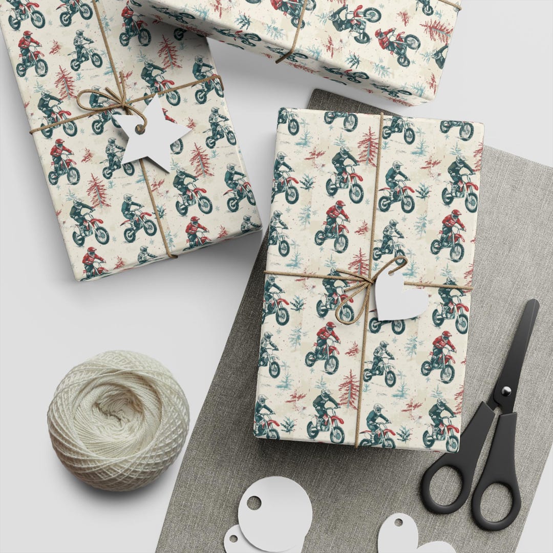 Wrapping Paper, Red and Green Dirt Bike Rider Design for Personalized ...