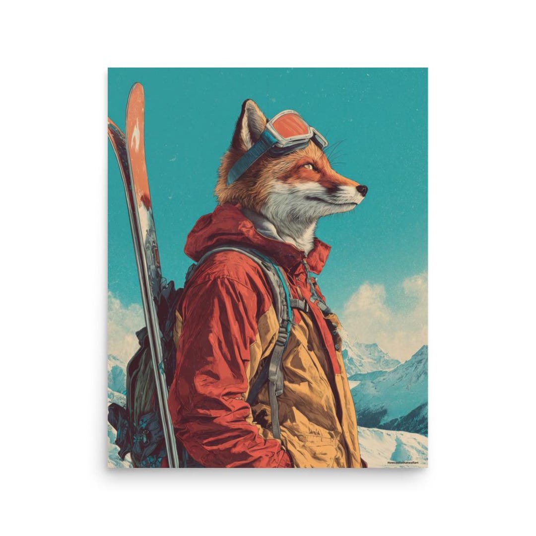 Ski Fox Poster | Alpine Adventure Wildlife Wall Art | Rustic Lodge ...