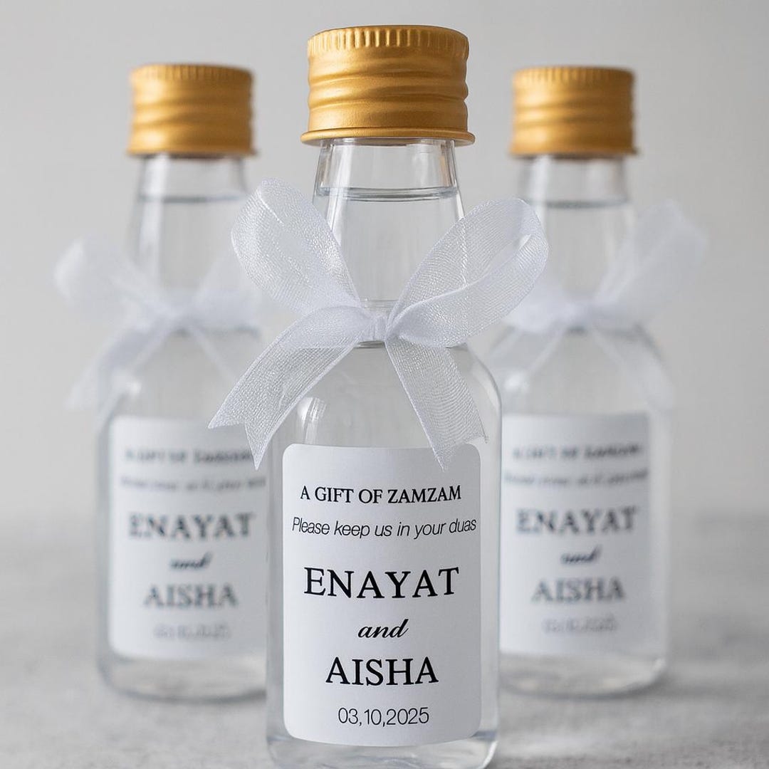 Zamzam Water Favors With Personalized Label & Bow| Wedding, Aqeeqah ...