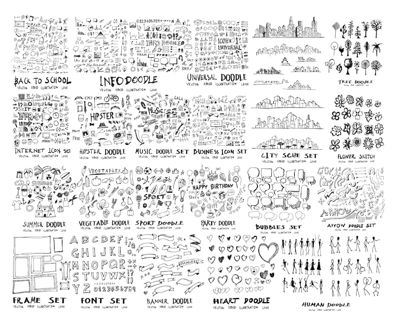 DOODLES Lineart Elements Bundle - Doodles Png Clip Art Designs ...