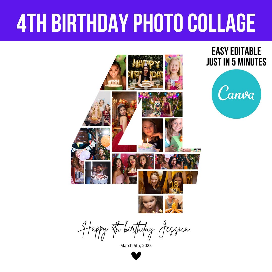4th Birthday Photo Collage Template, Number 4 Collage, 4th Collage ...
