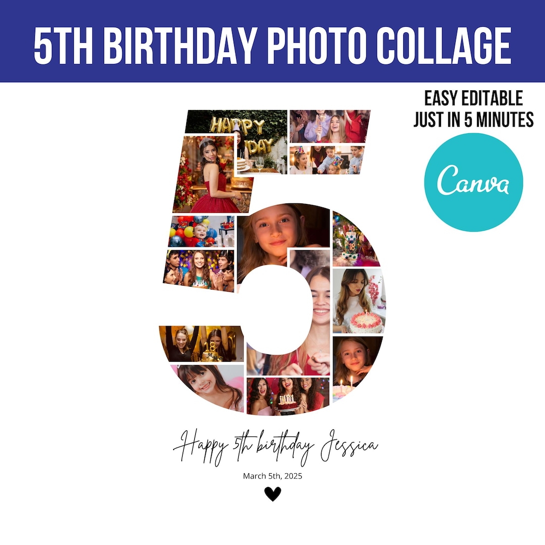5th Birthday Photo Collage Template, Number 5 Collage, 5th Collage ...