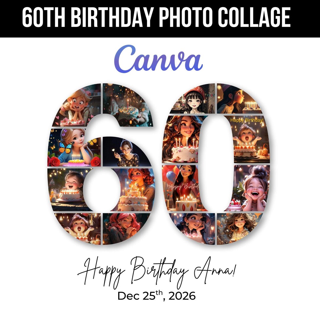 60th Birthday Photo Collage Template, Number 60 Collage, 60th Collage ...