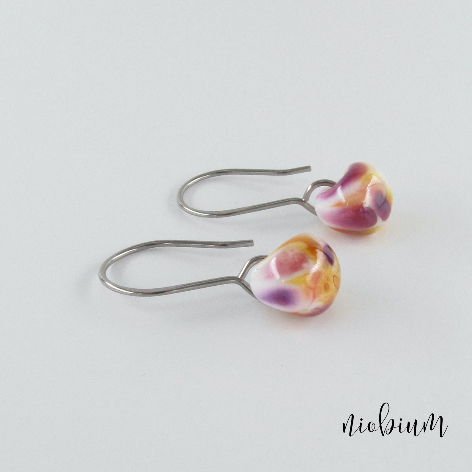 Mottled Honey Plum White Glass Drops, Lampwork Earrings, Sterling ...