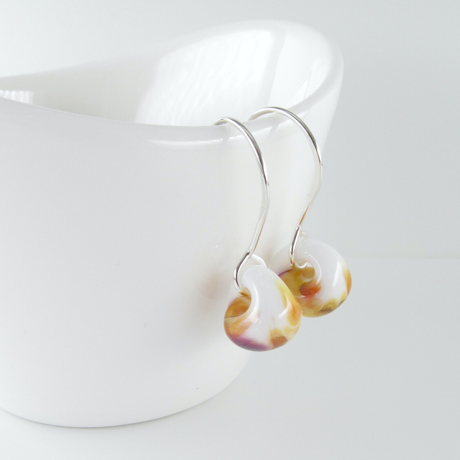 Mottled Honey Plum White Glass Drops, Lampwork Earrings, Sterling ...