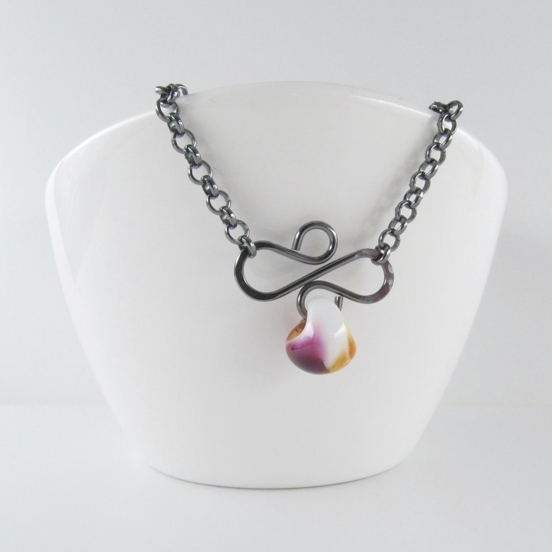 Mottled Honey Plum White Glass Drop Necklace, Small Sterling Silver ...