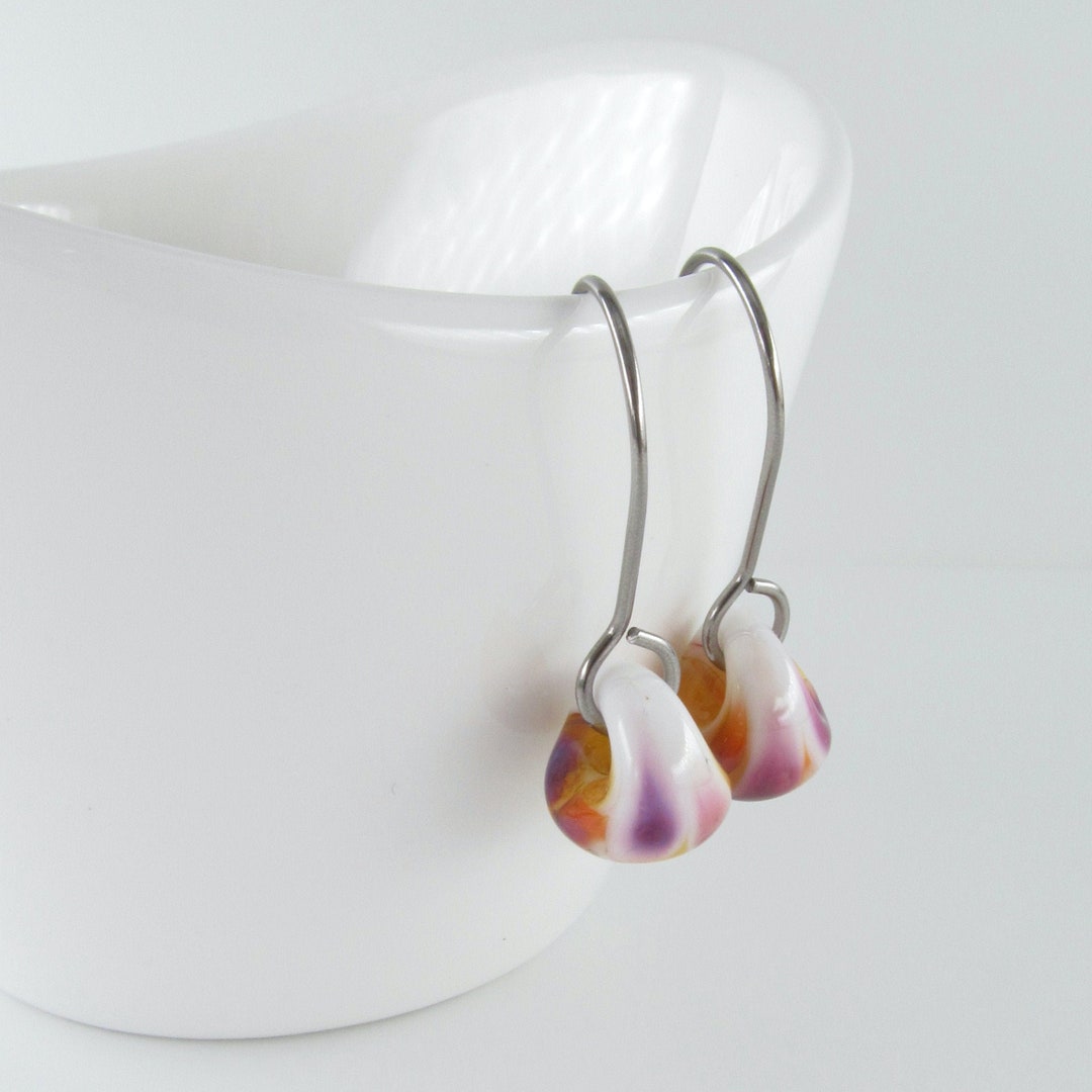 Mottled Honey Plum White Glass Drops, Lampwork Earrings, Sterling ...