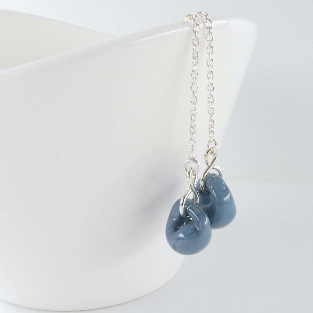 Dusty Blue Ear Threads, Long Sterling Silver Threaders, Lampwork Glass ...