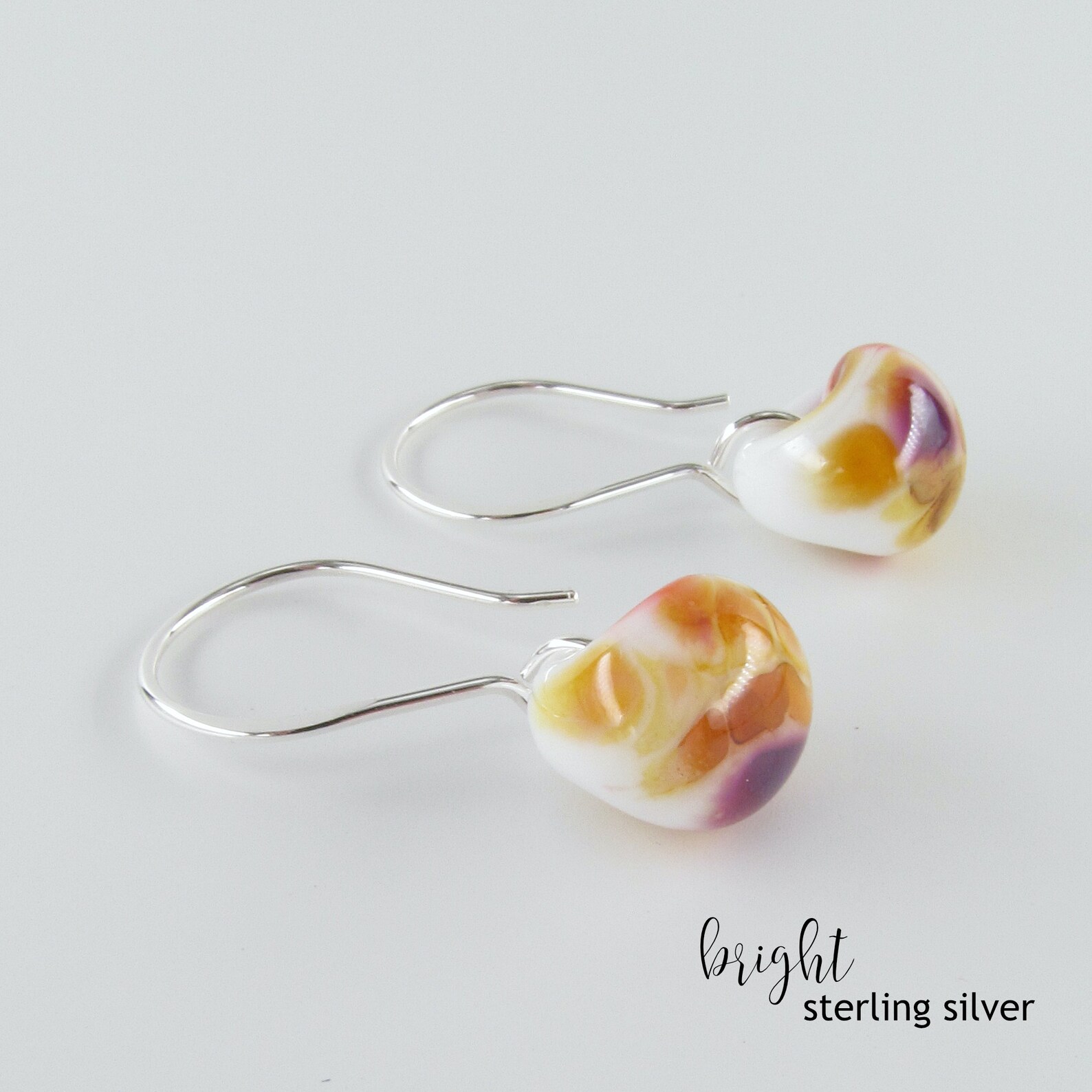 Mottled Honey Plum White Glass Drops, Lampwork Earrings, Sterling ...
