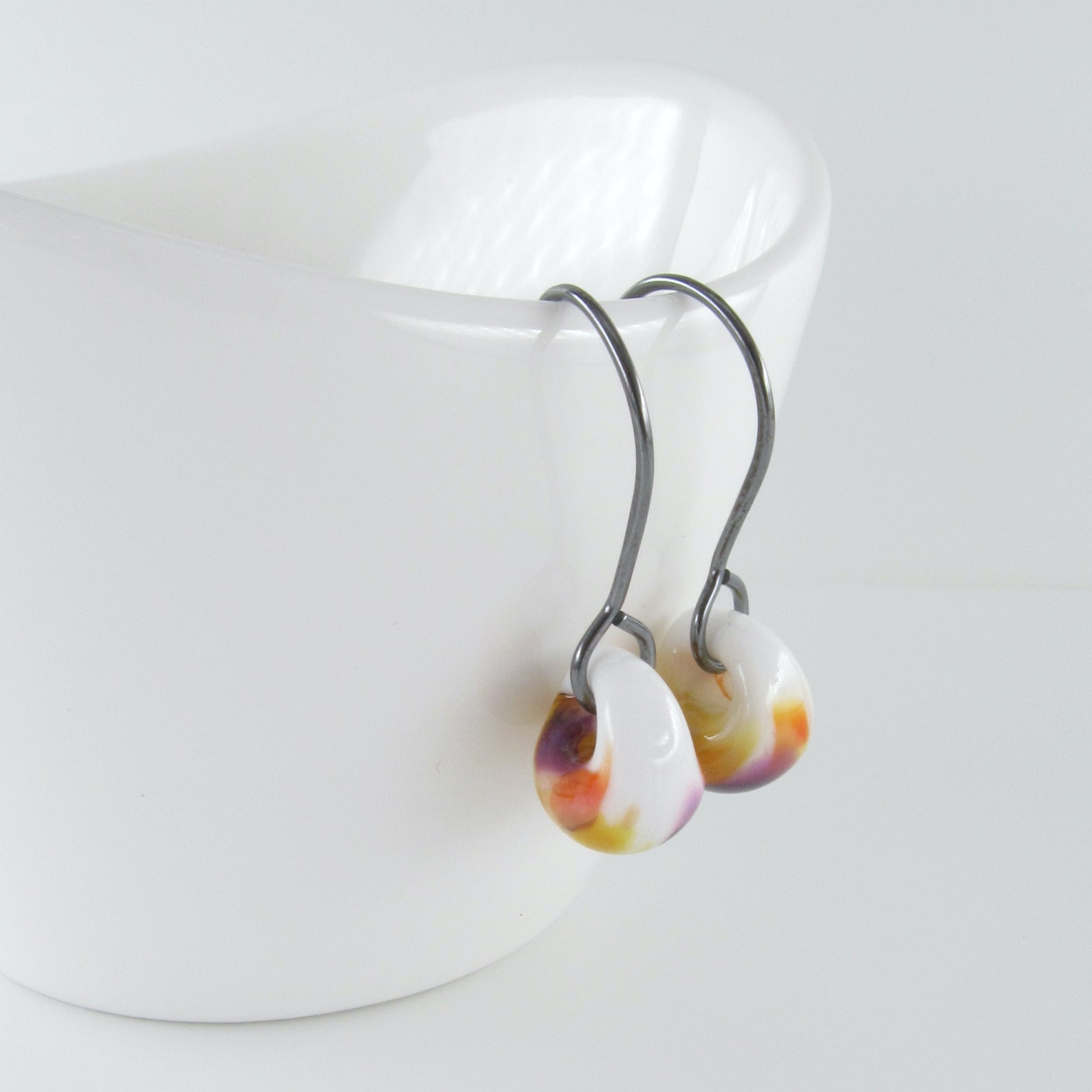 Mottled Honey Plum White Glass Drops, Lampwork Earrings, Sterling ...