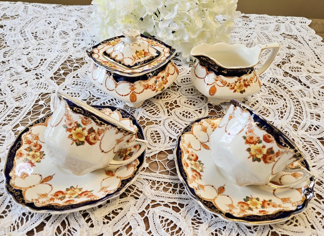 Antique Myott & Sons "rosemary" Art Deco Imari Teacups, Cream and Sugar ...