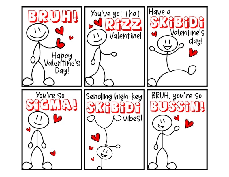 Printable Skibidi Kids Valentine Cards PNG PDF, Valentine's Day Tags ...