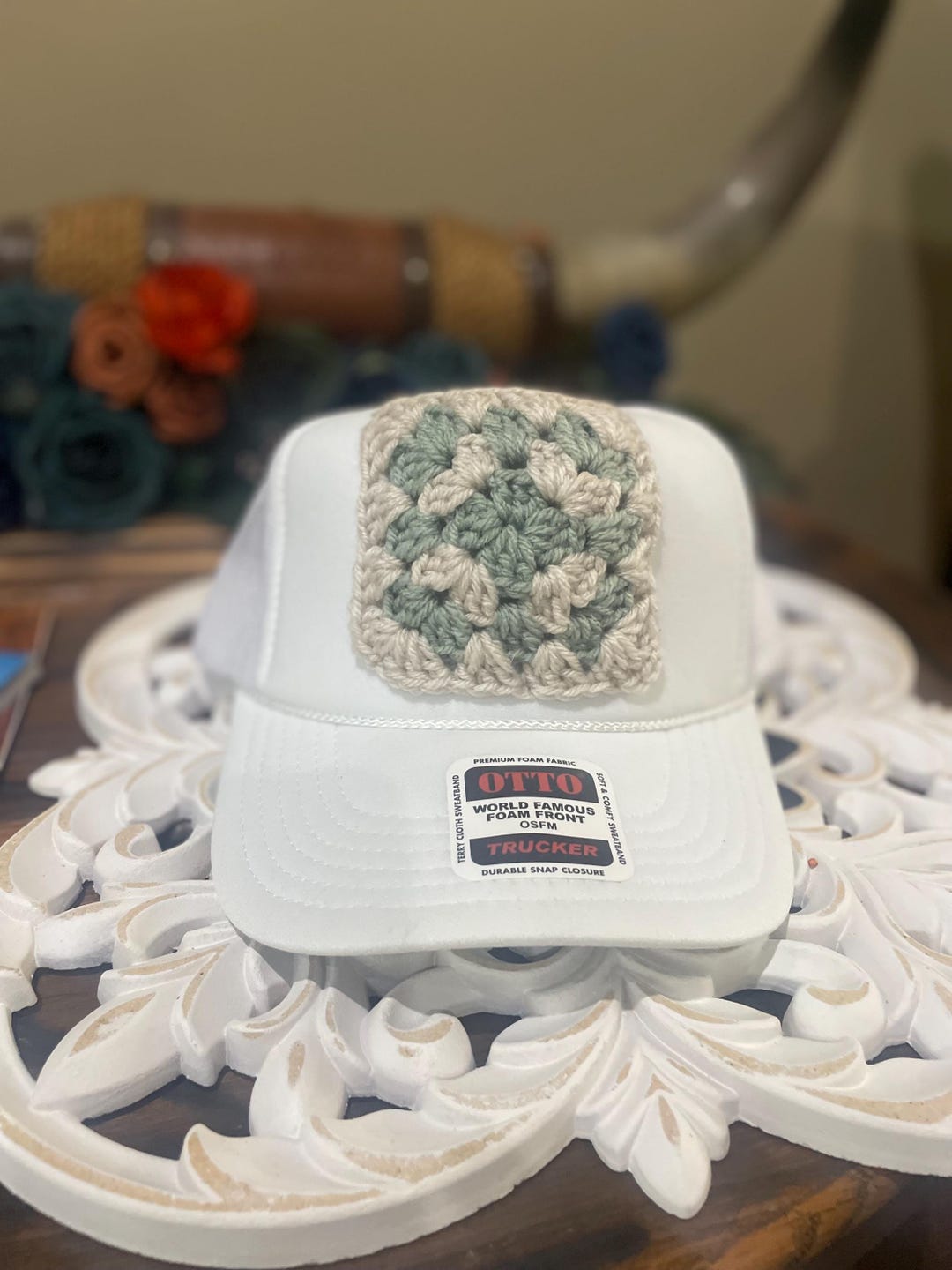 White Granny Square Crochet Otto Trucker Hat Cap by Turquoise&yarn - Etsy