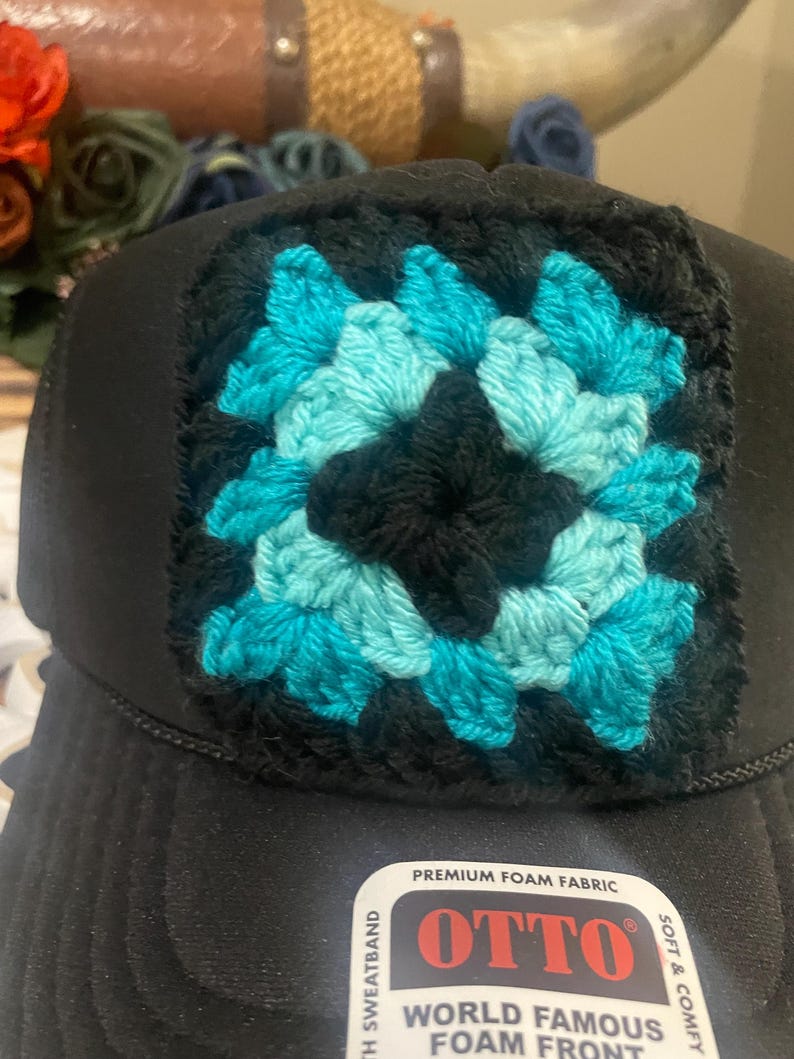 Black Granny Square Crochet Otto Trucker Hat Cap by Turquoise&yarn - Etsy