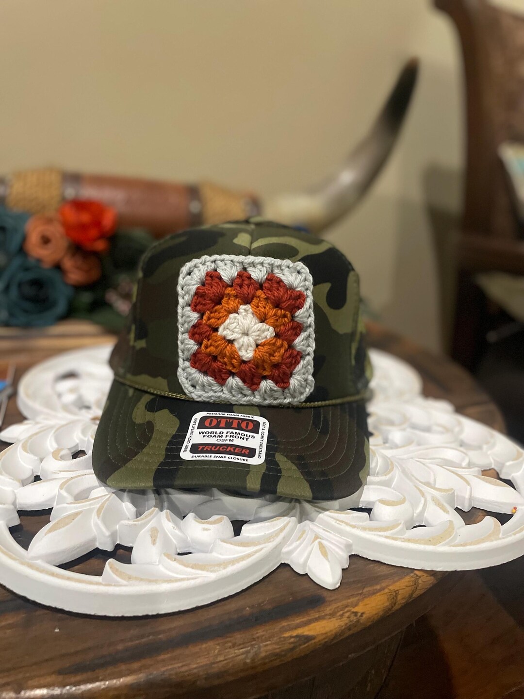 Camo Granny Square Crochet Otto Trucker Hat Cap With Cream/pumpkin/rust ...