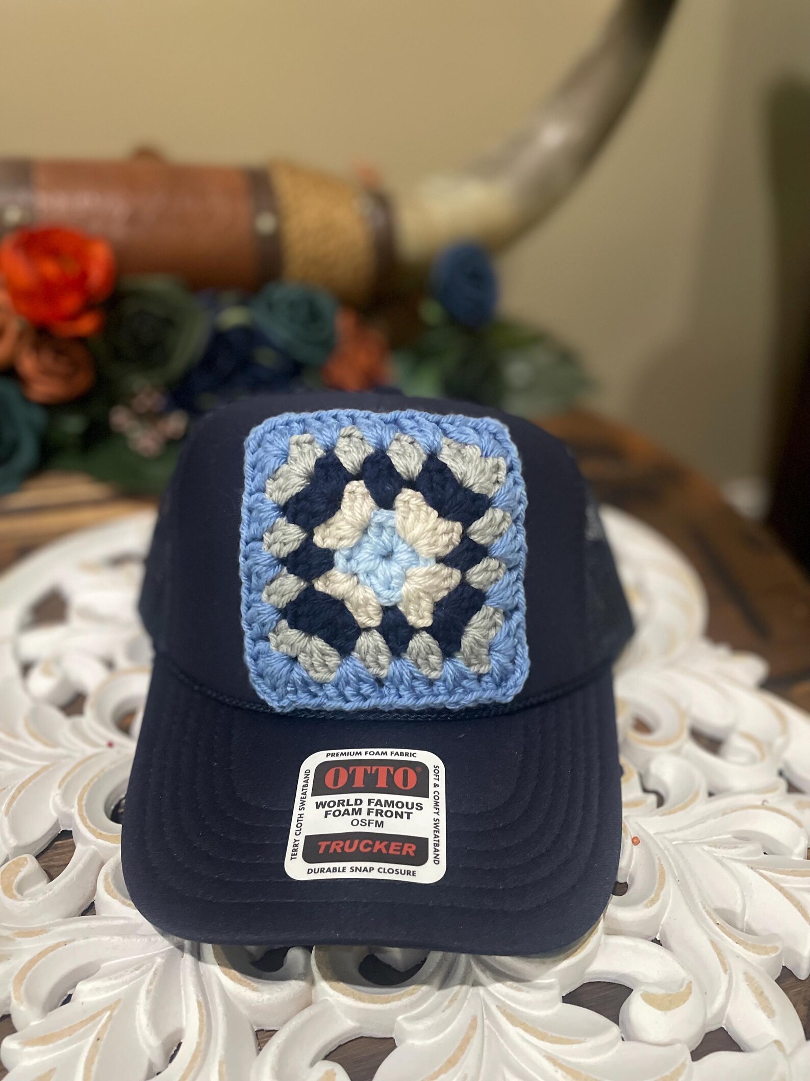 Navy Granny Square Crochet Otto Trucker Hat Cap by Turquoise&yarn - Etsy