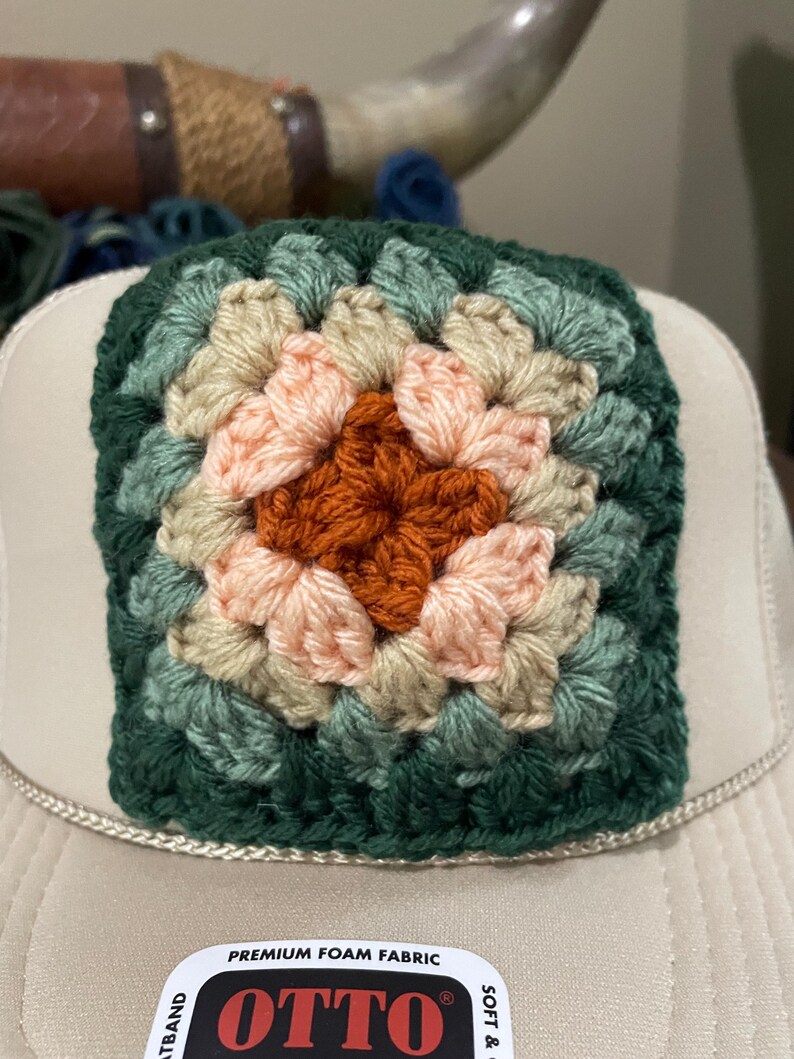 Khaki Granny Square Crochet Otto Trucker Hat Cap by Turquoise&yarn - Etsy