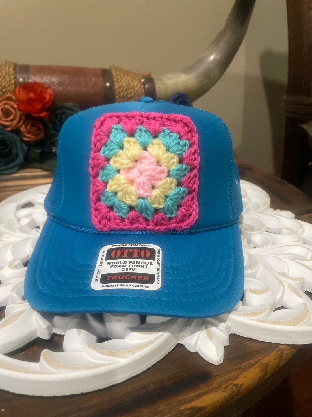Turquoise Granny Square Crochet Otto Trucker Hat Cap With a Light Pink ...