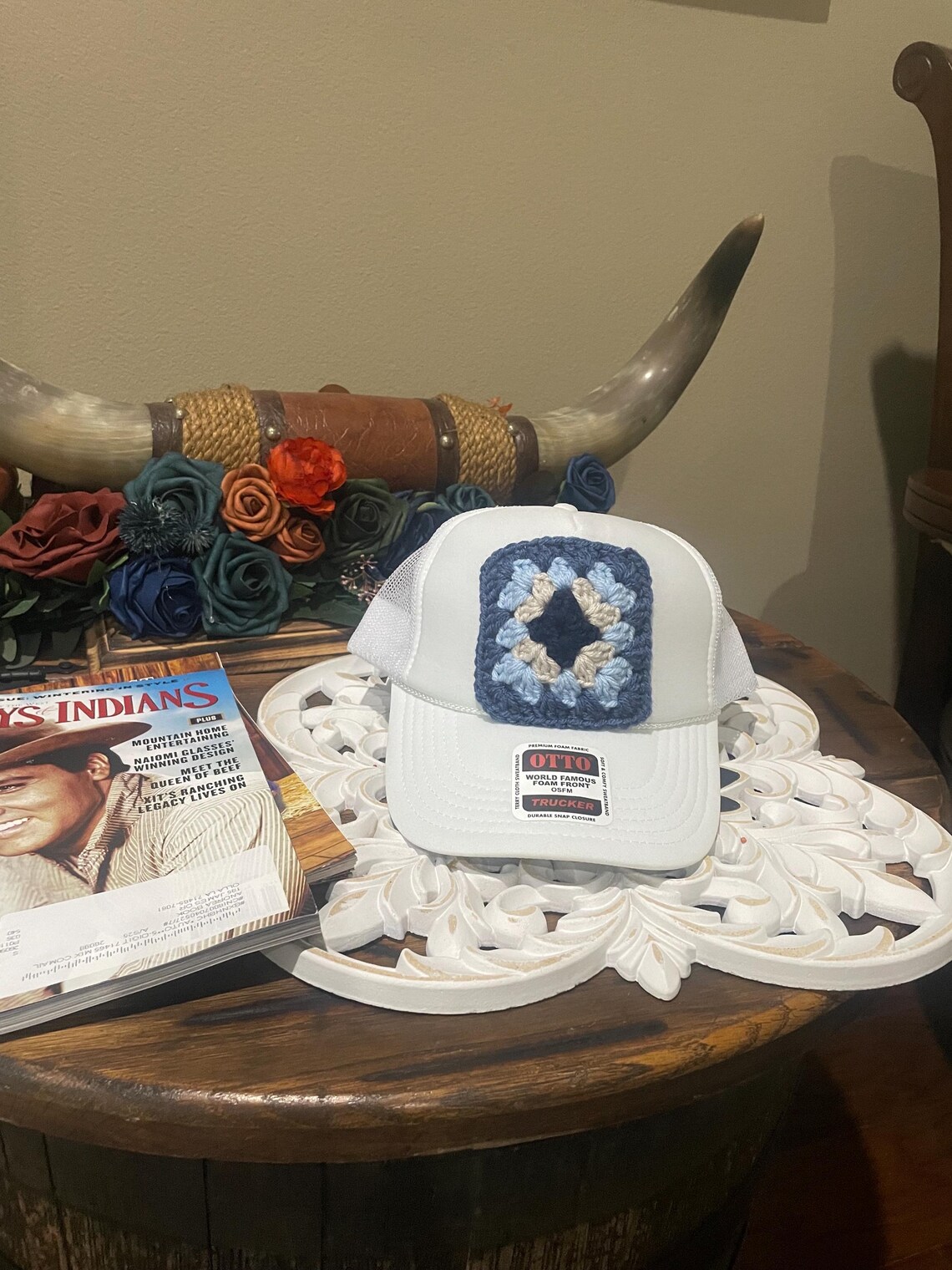 White With Blue Granny Square Crochet Otto Trucker Hat Cap by Turquoise ...