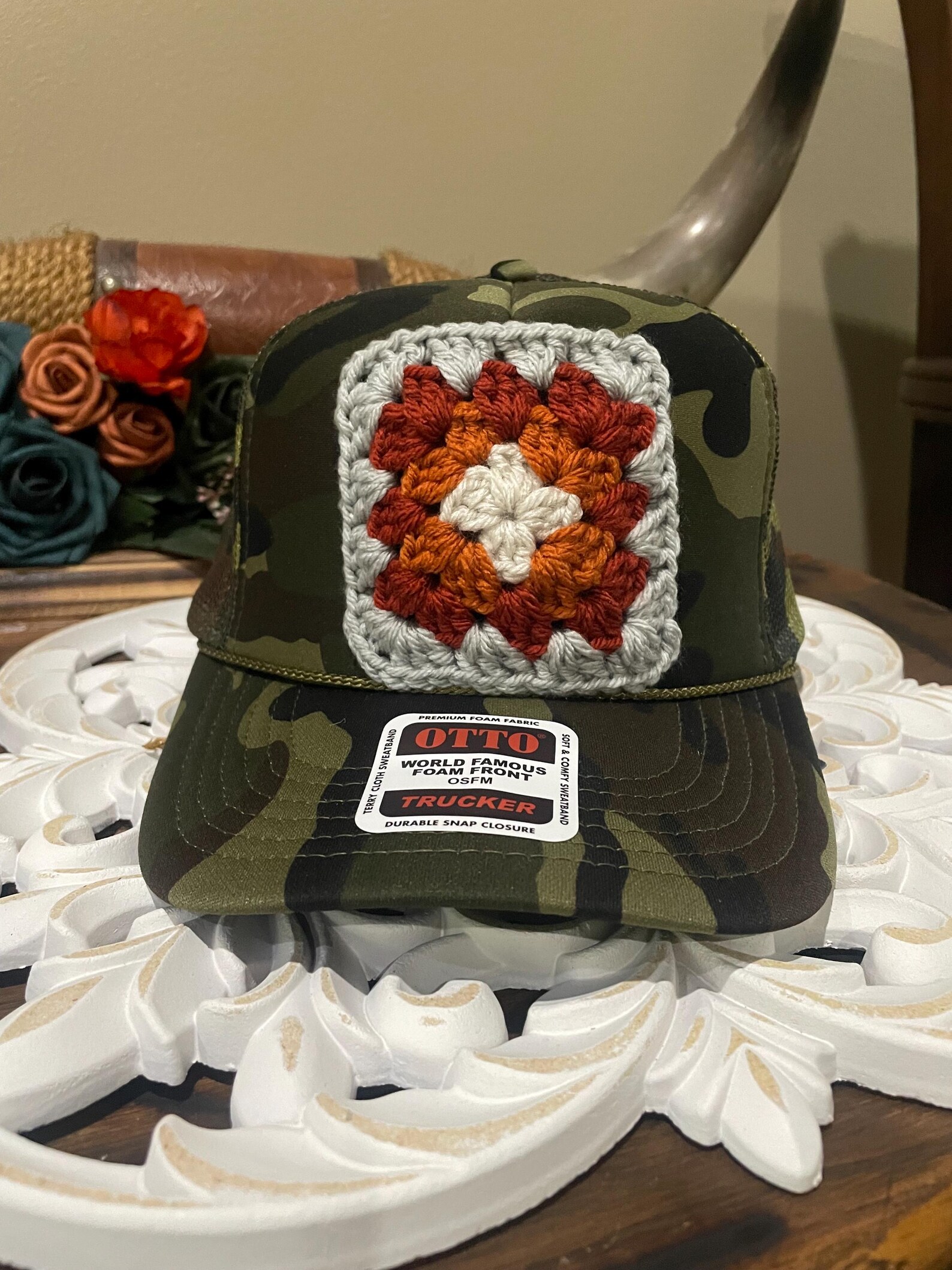 Camo Granny Square Crochet Otto Trucker Hat Cap With Cream/pumpkin/rust ...