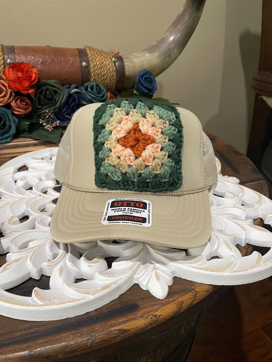 Khaki Granny Square Crochet Otto Trucker Hat Cap by Turquoise&yarn - Etsy