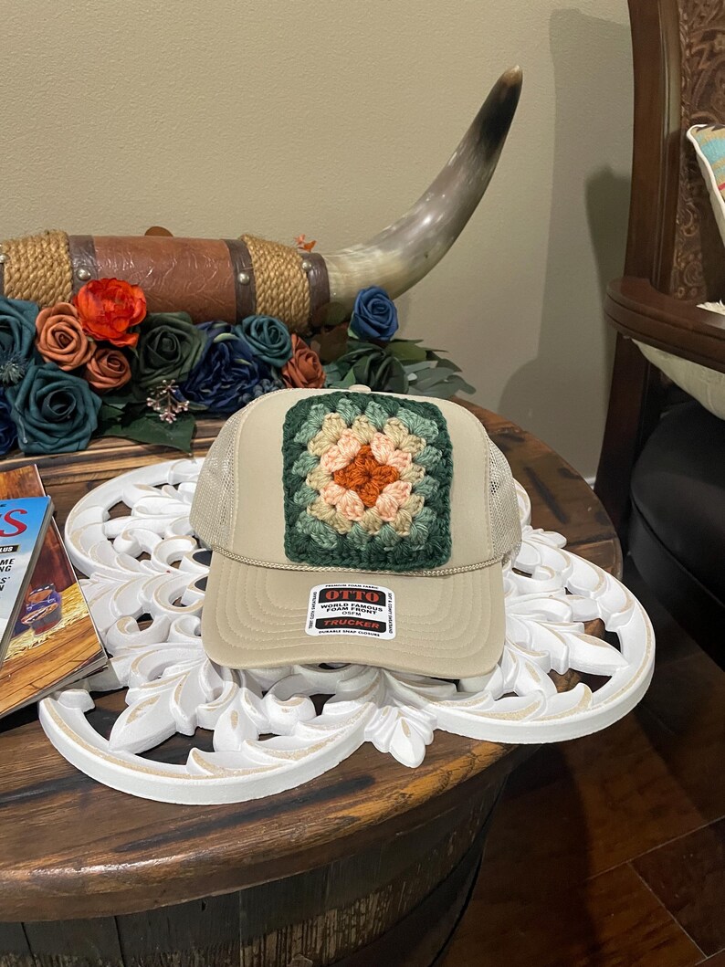 Khaki Granny Square Crochet Otto Trucker Hat Cap by Turquoise&yarn - Etsy