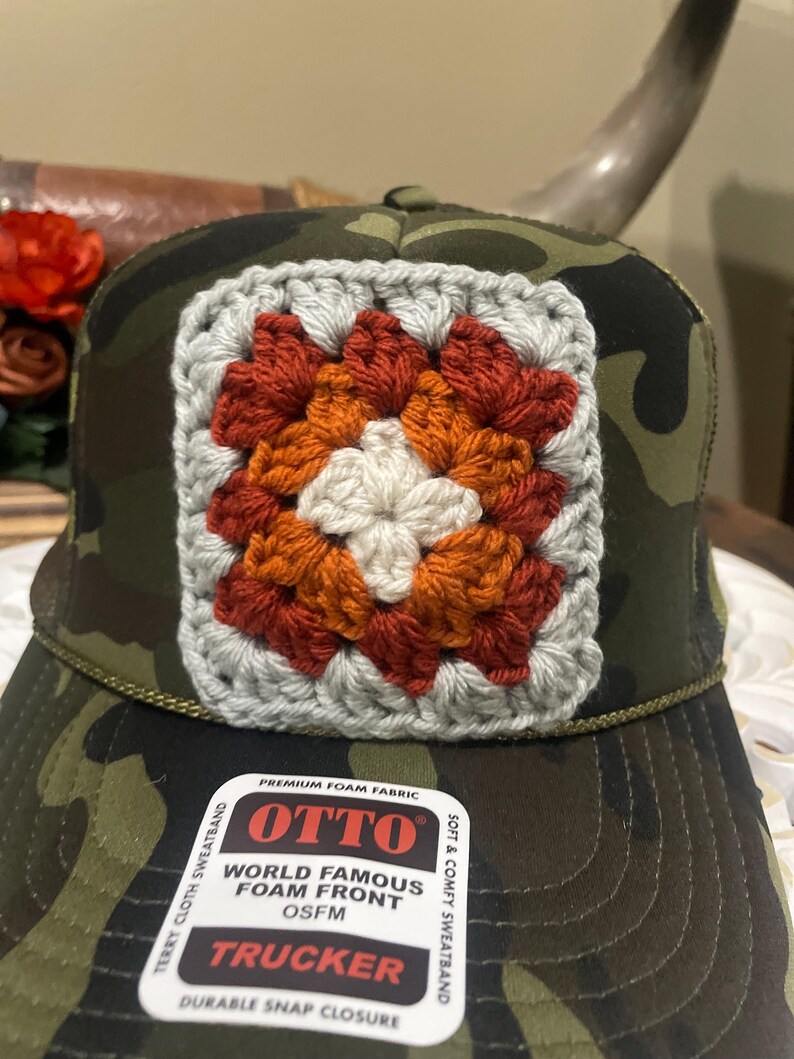 Camo Granny Square Crochet Otto Trucker Hat Cap With Cream/pumpkin/rust ...