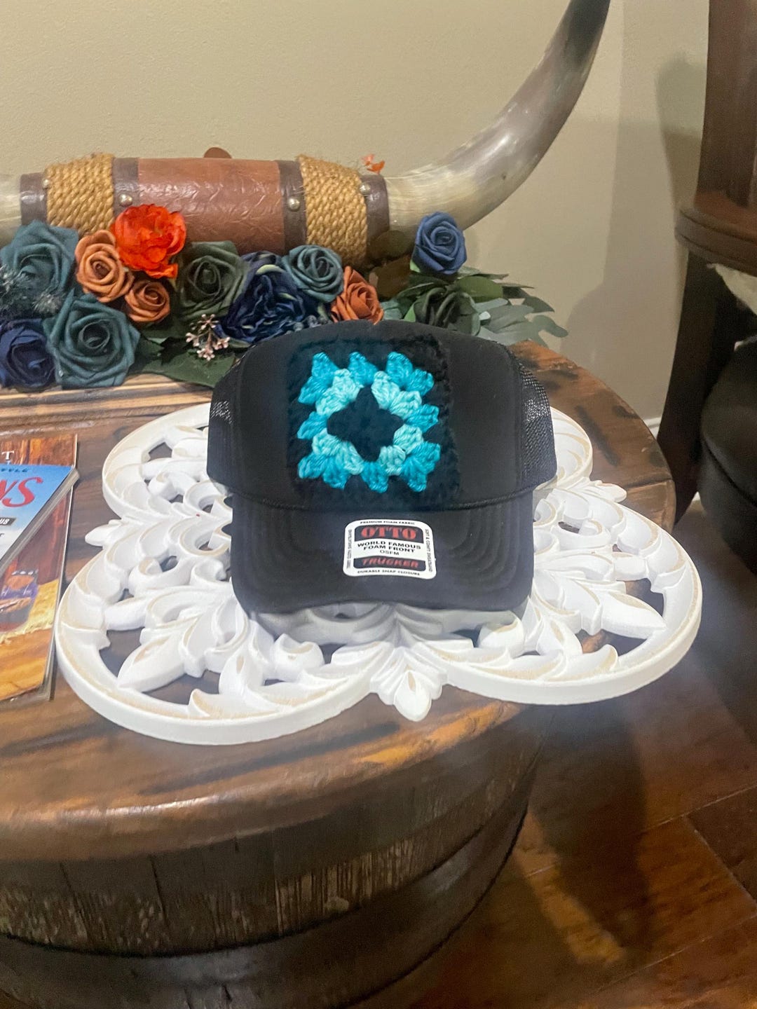 Black Granny Square Crochet Otto Trucker Hat Cap by Turquoise&yarn - Etsy