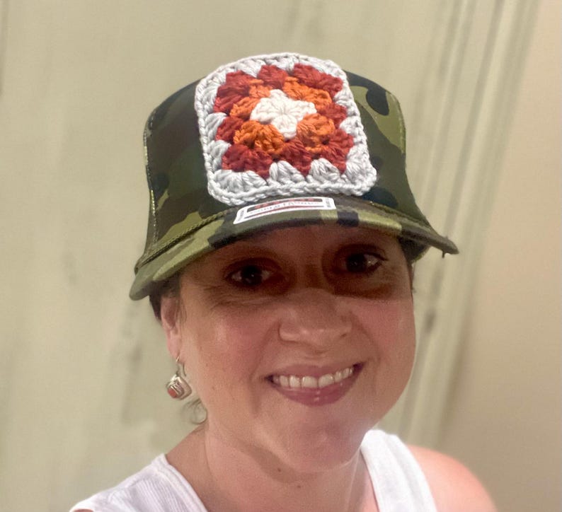 Camo Granny Square Crochet Otto Trucker Hat Cap With Cream/pumpkin/rust ...