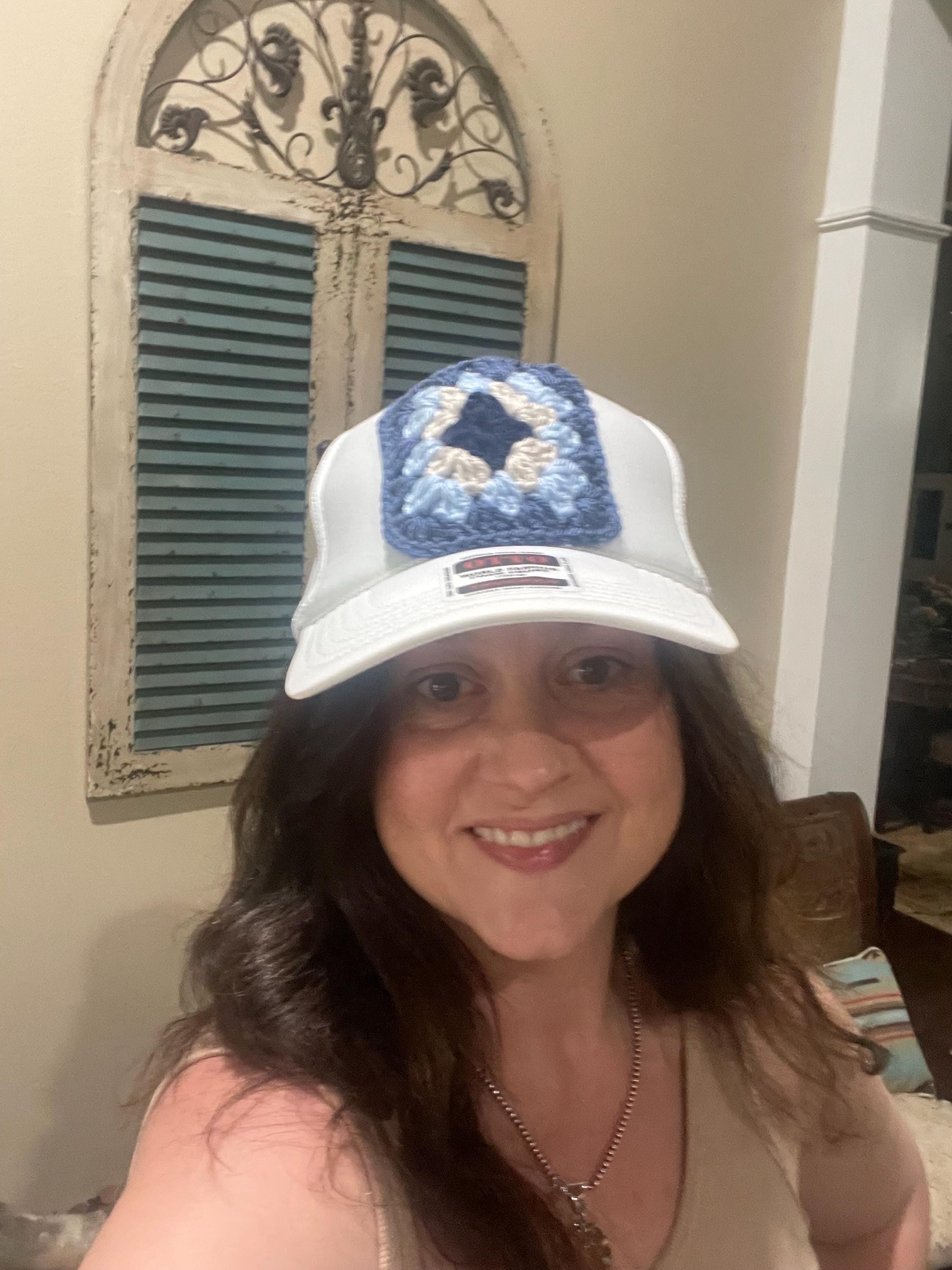 White With Blue Granny Square Crochet Otto Trucker Hat Cap by Turquoise ...