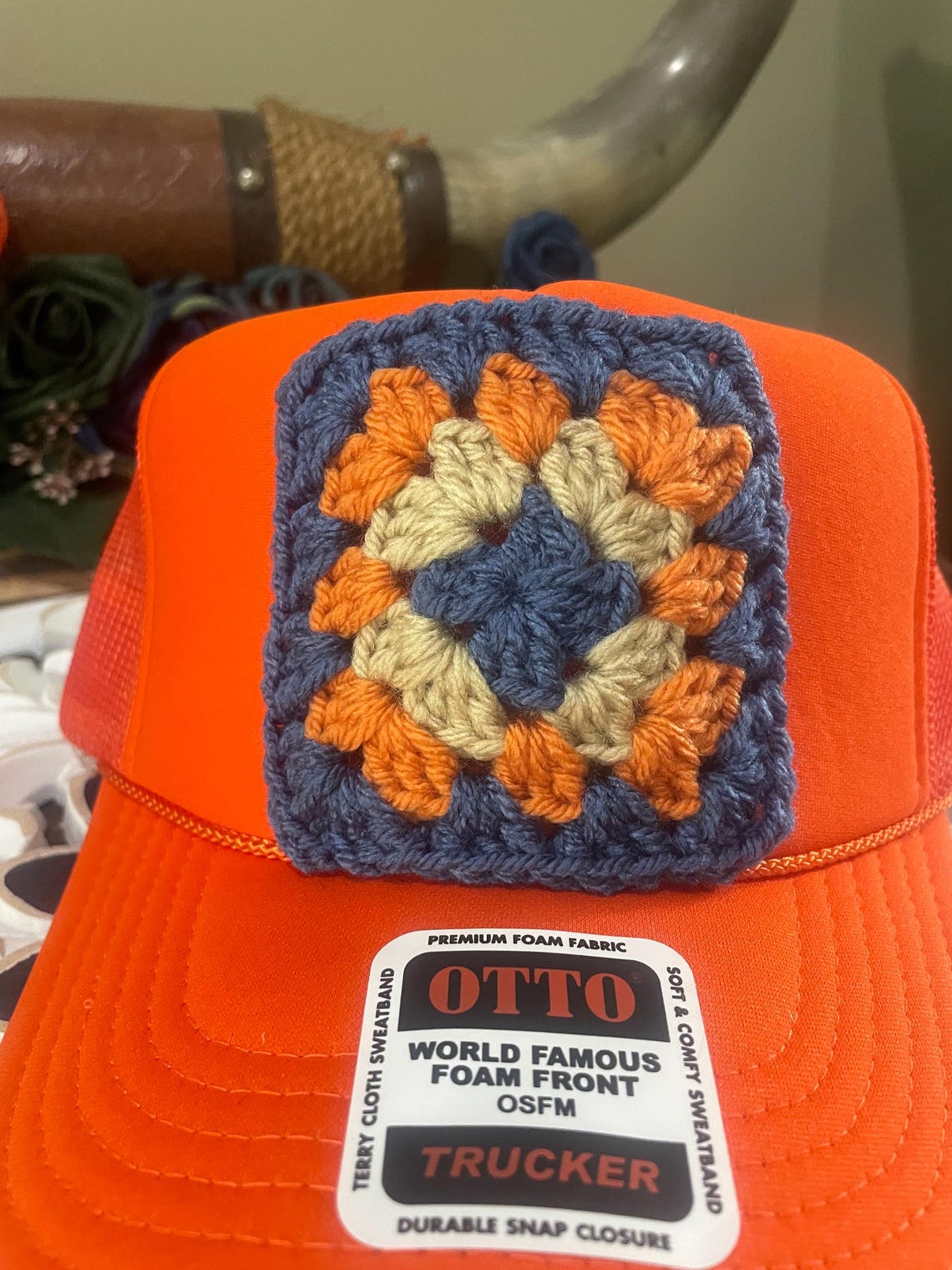 Orange Granny Square Crochet Otto Trucker Hat Cap With Denim/khaki ...