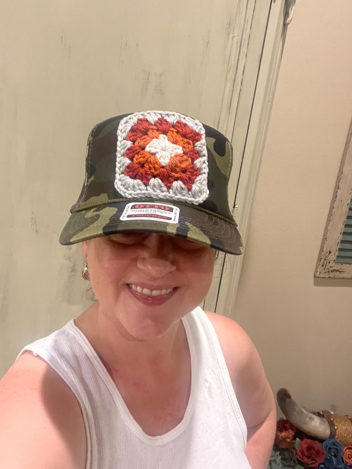 Camo Granny Square Crochet Otto Trucker Hat Cap With Cream/pumpkin/rust ...