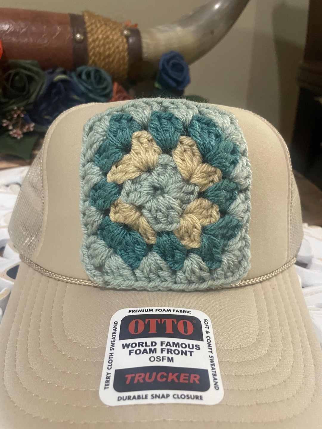 Khaki Granny Square Crochet Otto Trucker Hat Cap by Turquoise&yarn - Etsy