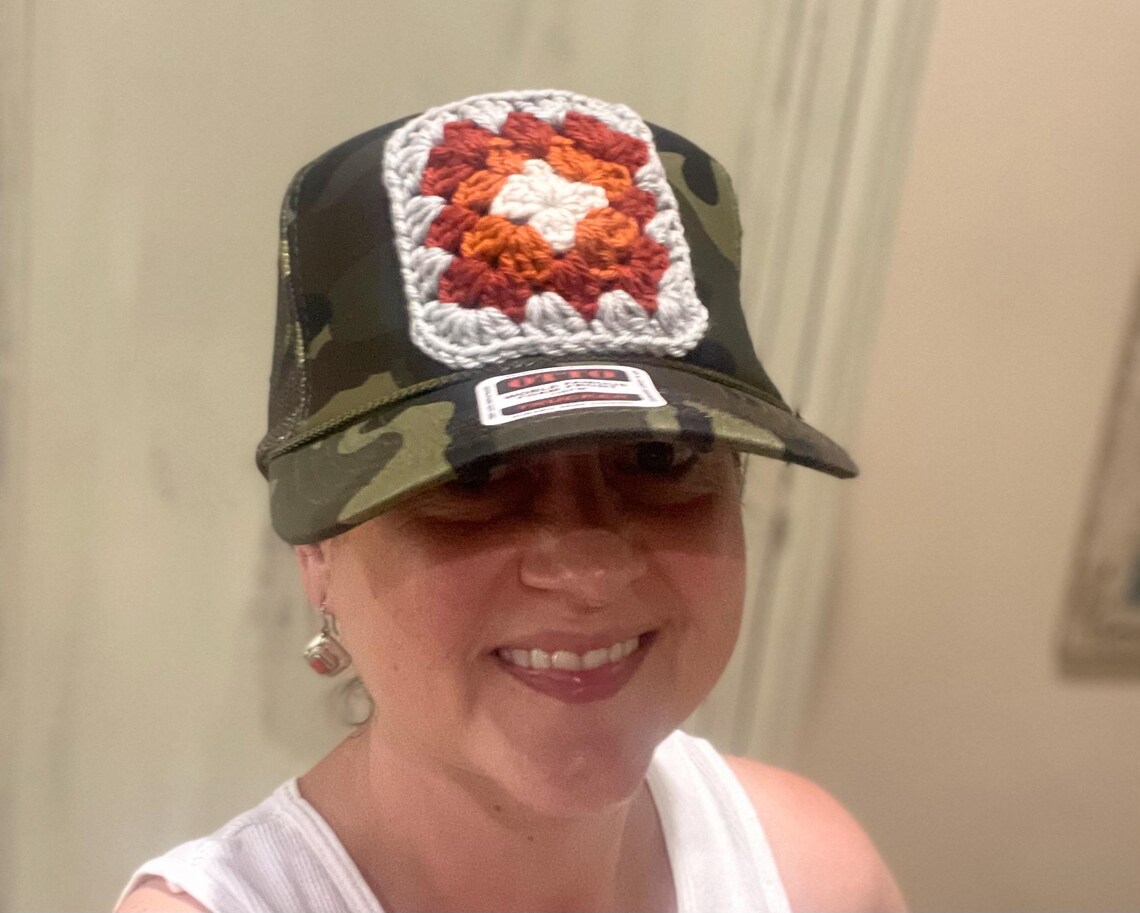 Camo Granny Square Crochet Otto Trucker Hat Cap With Cream/pumpkin/rust ...