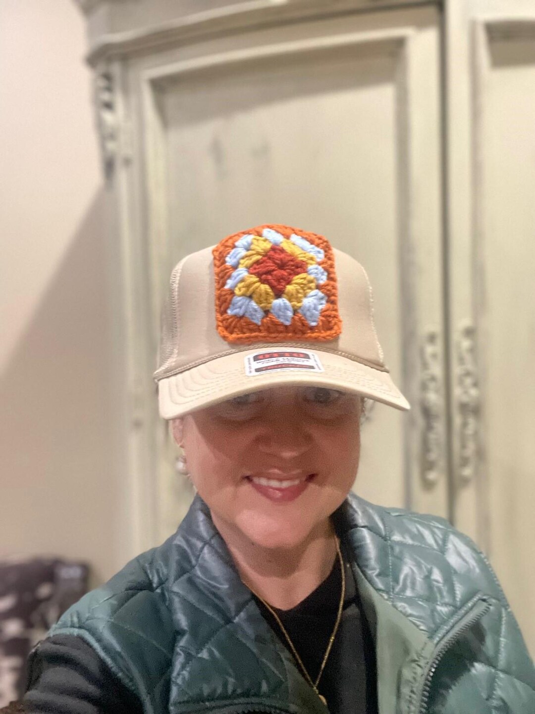 Khaki Granny Square Crochet Otto Trucker Hat Cap by Turquoise&yarn - Etsy