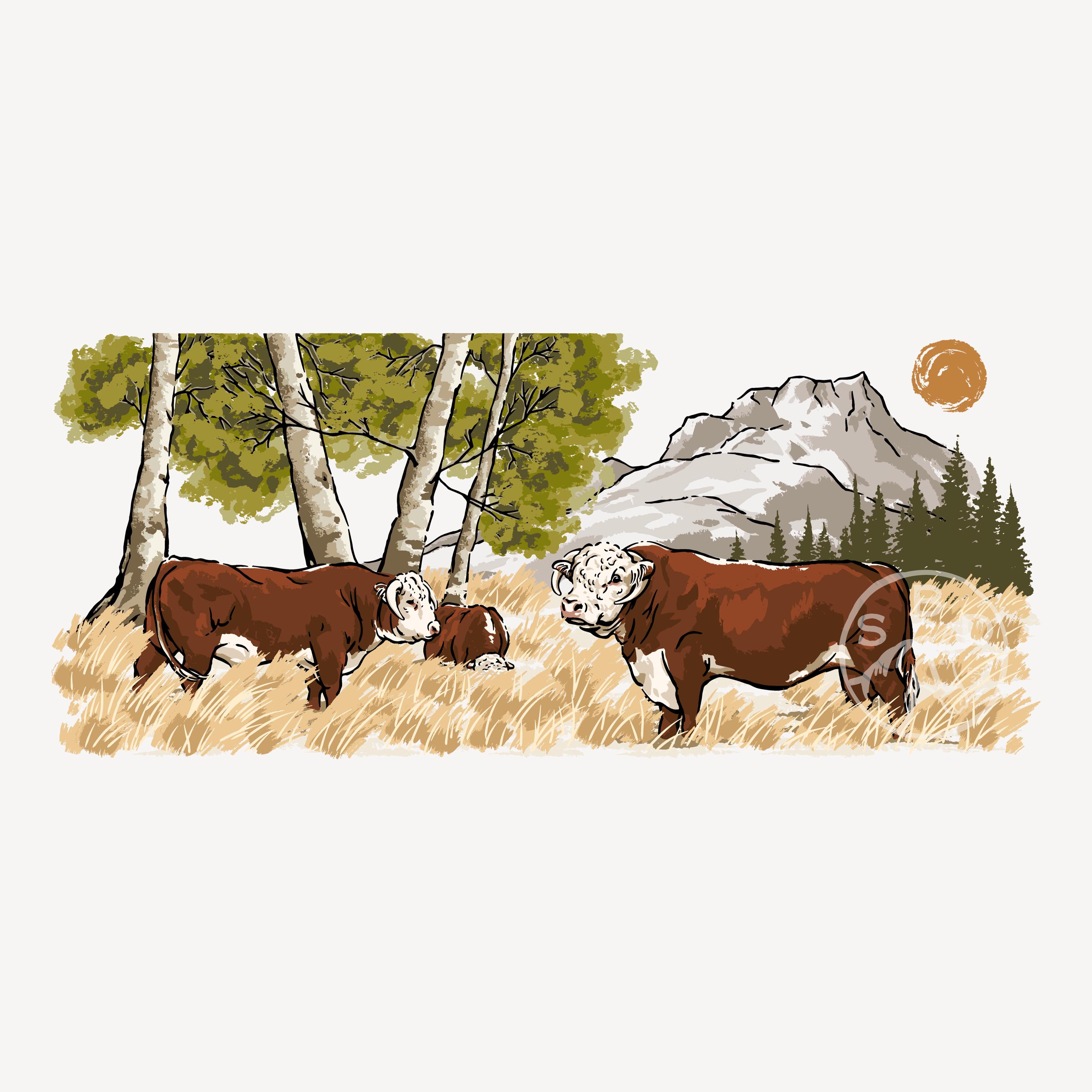 Hereford on the Pasture, Western Design, Cattle Graphic, Retro Vintage ...