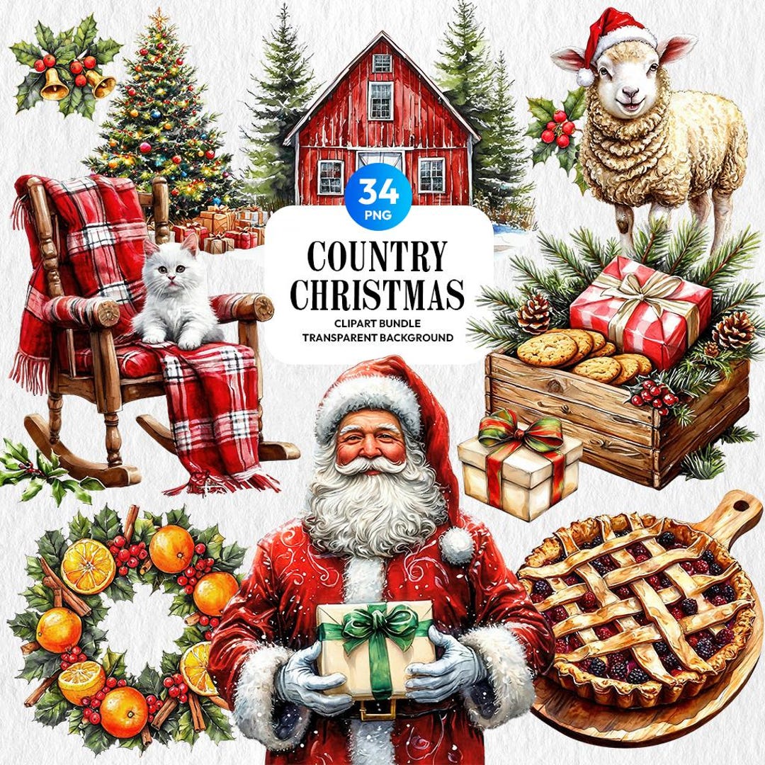 Country Christmas Clipart Bundle, Rustic Christmas Png, Watercolor ...