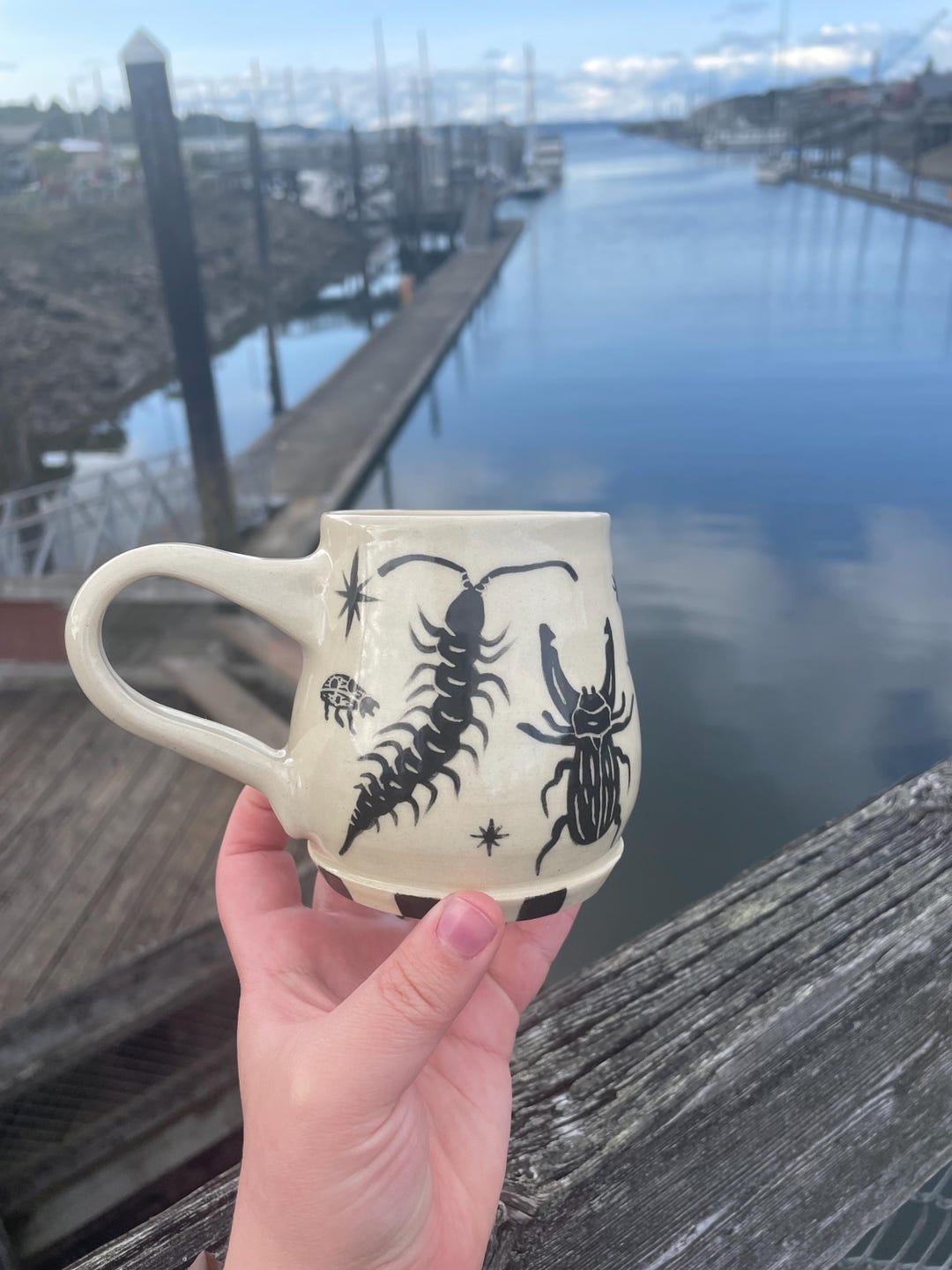 Black Bug Mug With Handle, Handmade Ceramic Mug With Handpainted ...