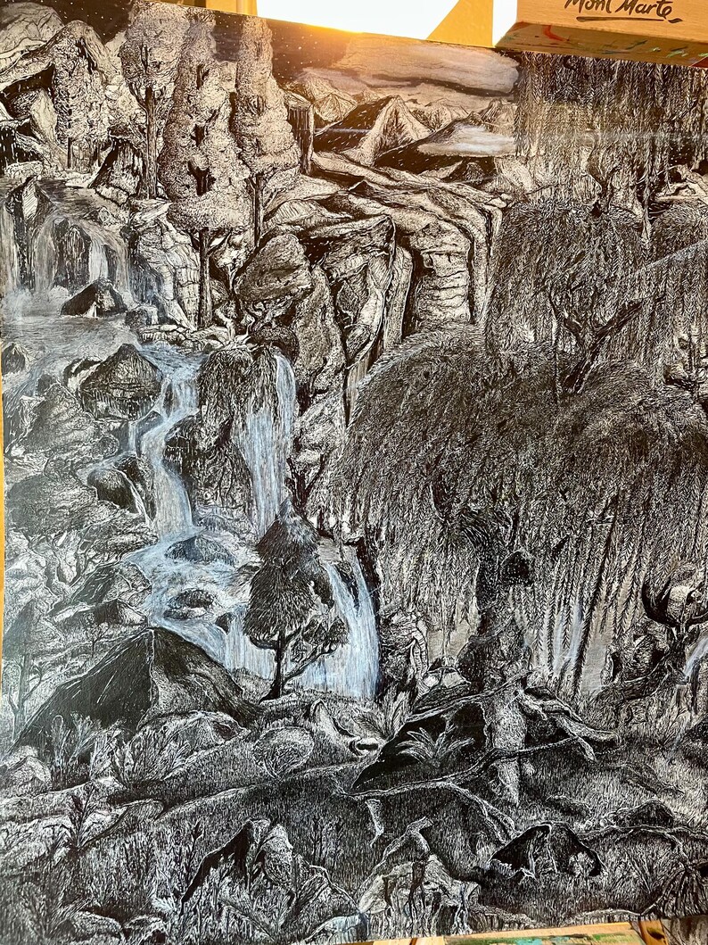 Fine Line Ink, Free-hand Ink, Pencil and Charcoal Drawing. Black and ...