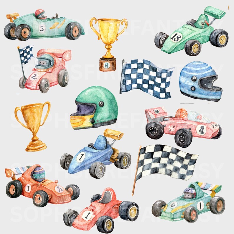14 Watercolor Racecar Clipart PNG | Cute Sticker-style Digital Download ...