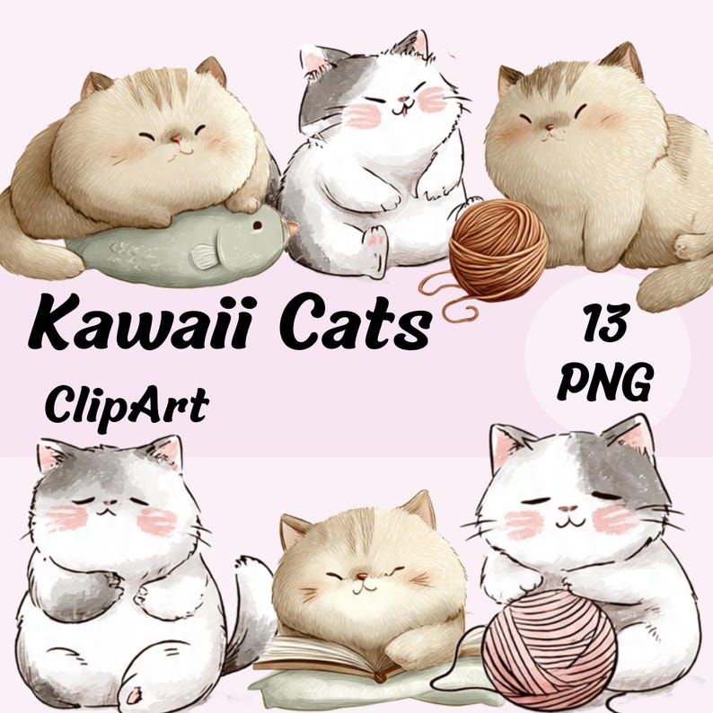 13 Kawaii Cat Clipart PNG | Cute Sticker-style Digital Download ...