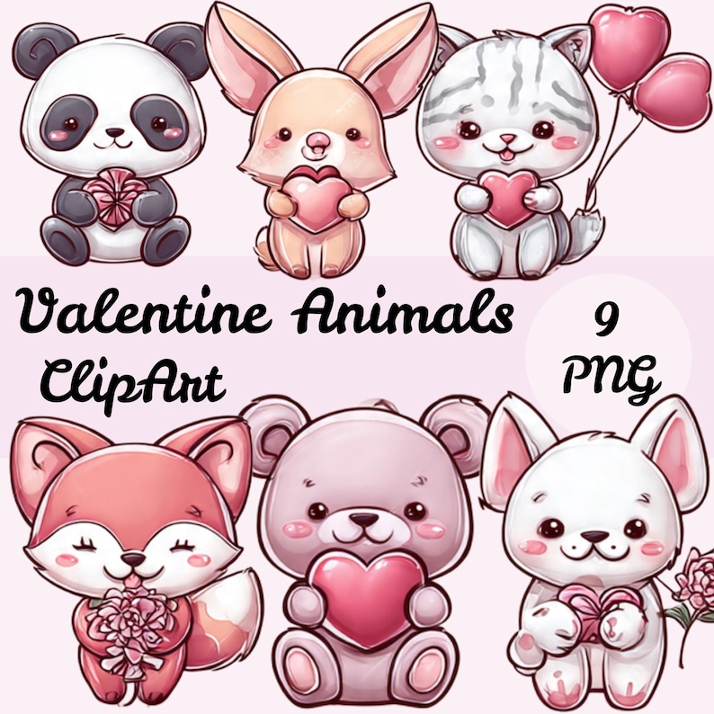 9 Valentine Animals Clipart PNG | Cute Sticker-style Digital Download ...