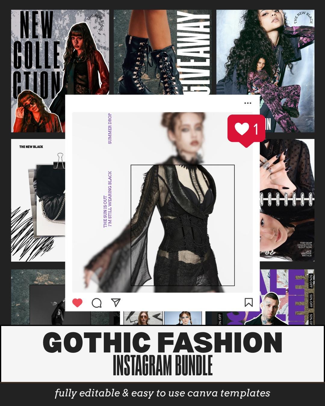 Gothic Instagram Feed Canva Template Bundle – Dark Fashion Social Media ...